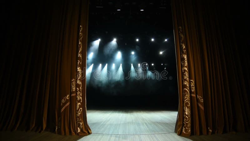 Theater Curtain Opens And Closes Stage With Spotlight
