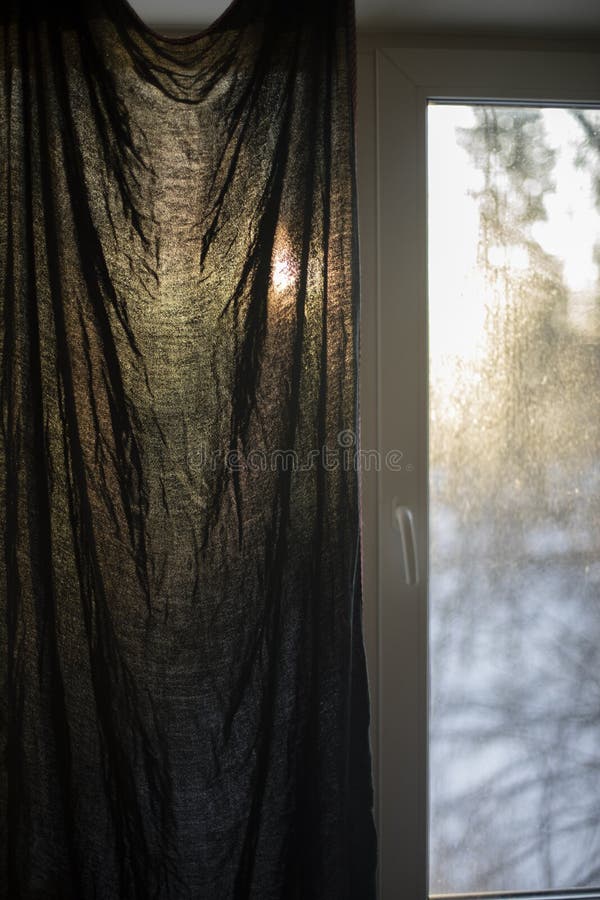 Curtain on Window. Dawn Outside Window Stock Image - Image of desk ...