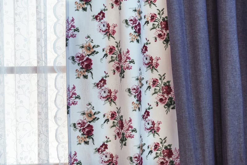 Curtains with Floral Pattern on the Living Room Window Stock Photo ...