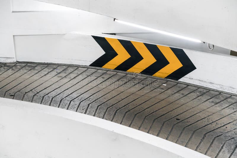 Curve Lane Direction with Caution Sign at the Ramp Stock Image - Image ...