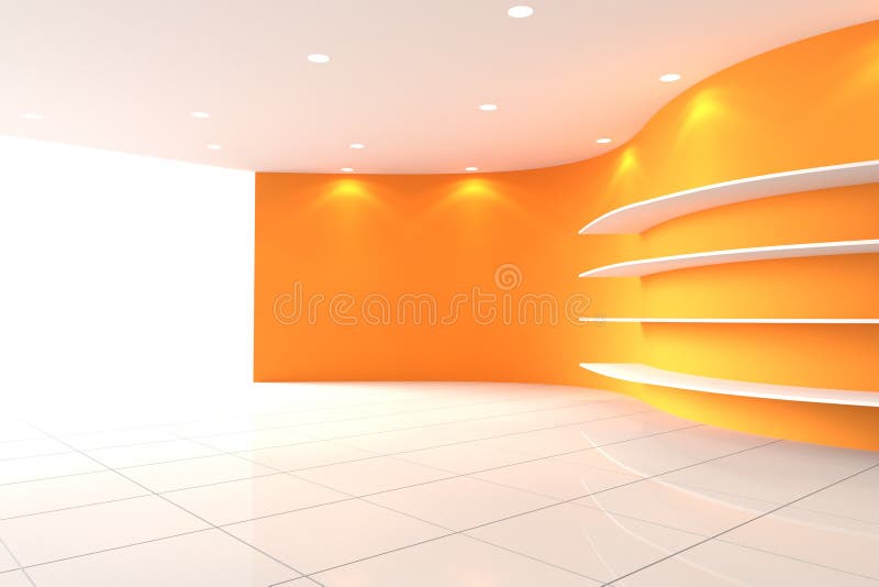 Curve Orange Wall Empty Room with Shelves Stock Illustration ...