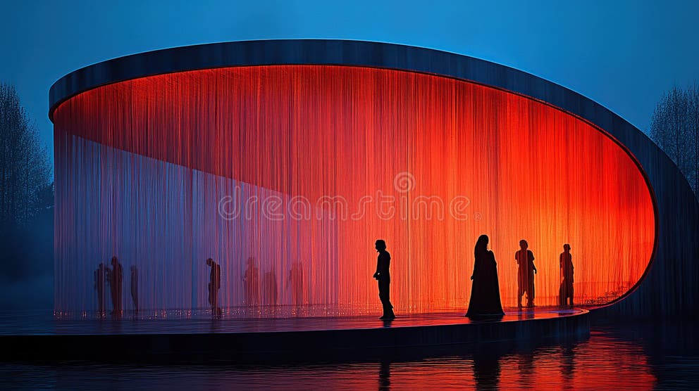 Curved Architectural Structure, Illuminated with a Waterfall of Red ...