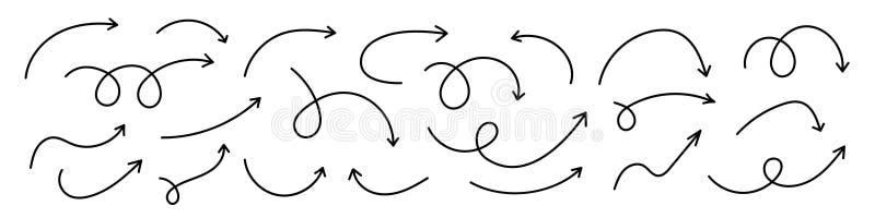 Curved Arrows. Set of Vector Hand Drawn Arrows. Collection of Pointers ...