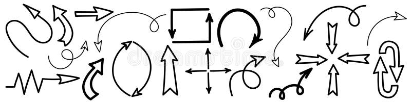 Curved Arrows. Set of Vector Hand Drawn Arrows. Collection of Pointers ...