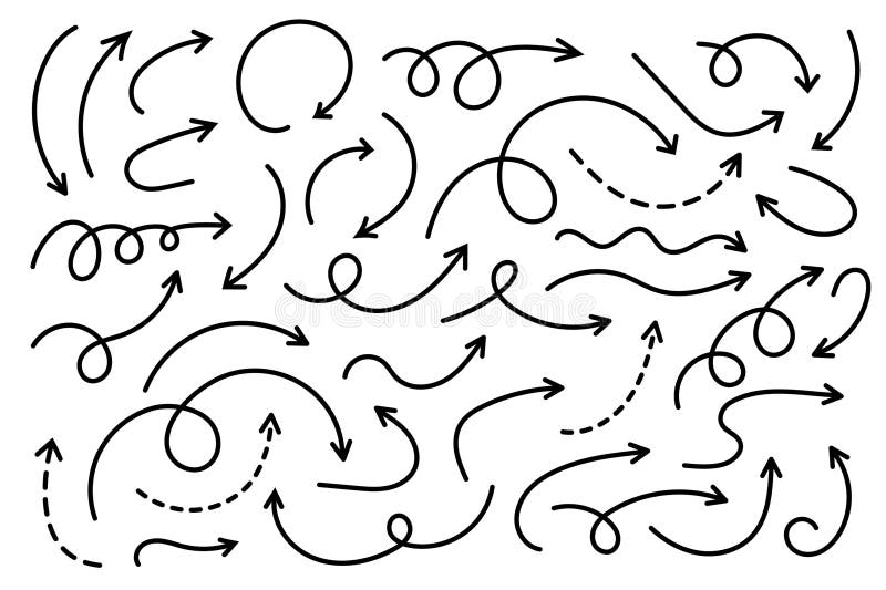 Curved Arrows. Set of Vector Hand Drawn Arrows. Collection of Pointers ...