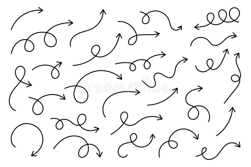 Curved Arrows. Set of Vector Hand Drawn Arrows. Collection of Pointers ...