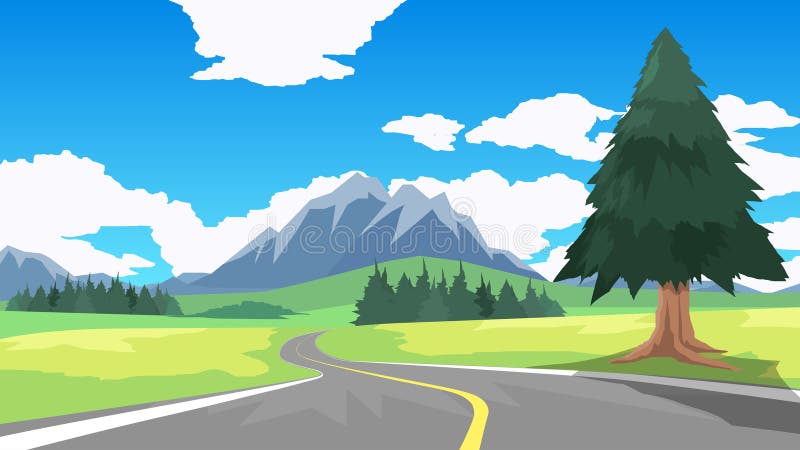 Curved Asphalt Road Path and Environment of Wide Open Fields of Green ...