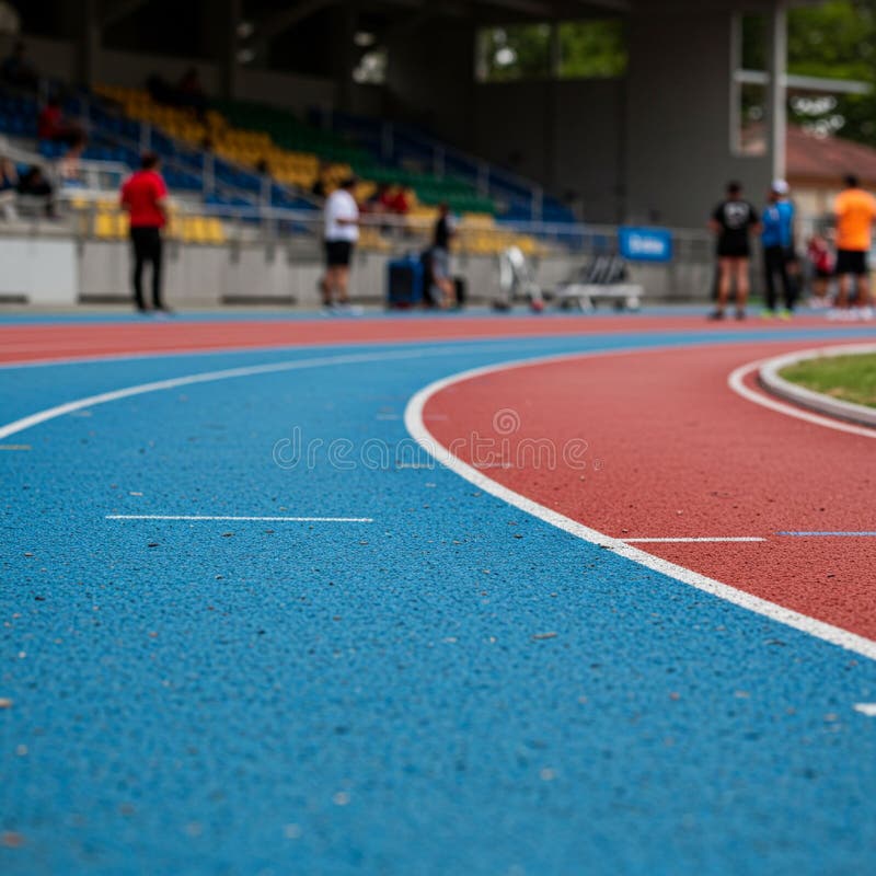 Curved Athletic Track with Red and Blue Lanes, Bordered by White Lines ...