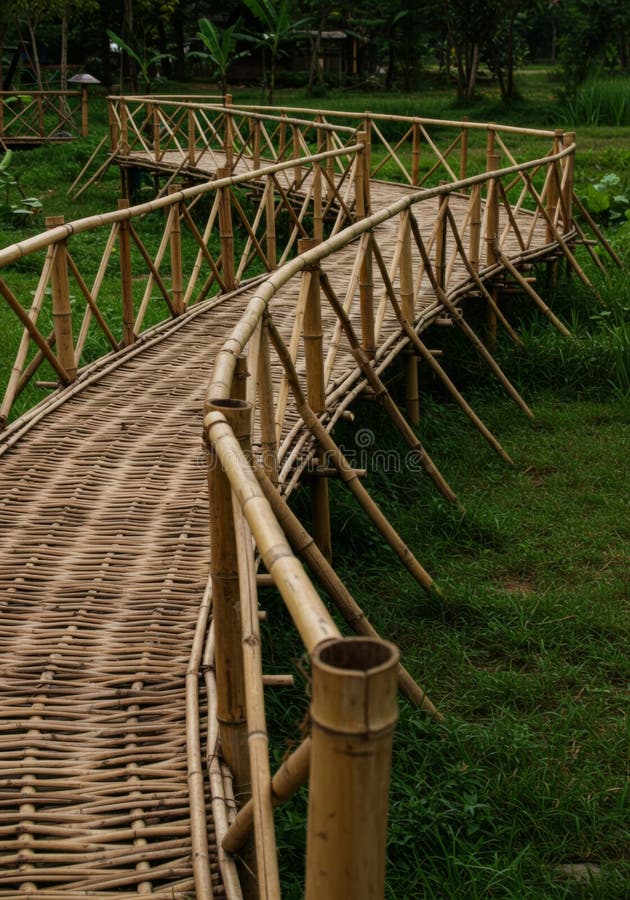 Curved Bamboo Bridge in Lush Green Landscape Stock Illustration ...