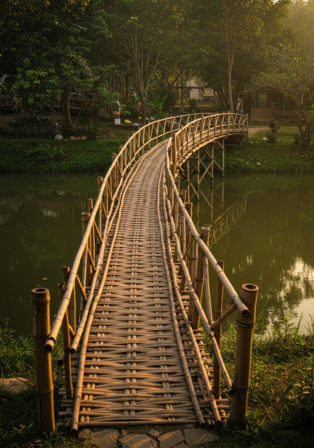 Curved Bamboo Bridge Over Tranquil River in Lush Green Setting Stock ...