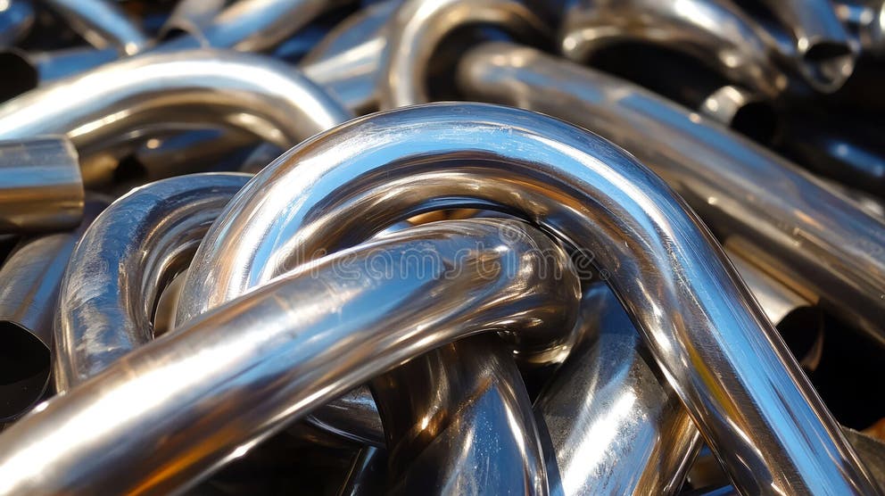 Close-up View of Intertwined, Highly Reflective Stainless Steel Pipes ...