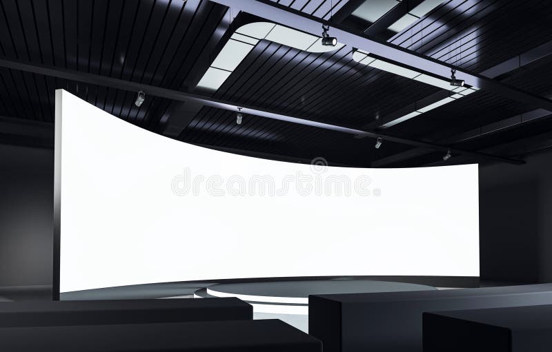 Curved Blank White Screen in a Modern Dark Exhibition Hall with Seating ...