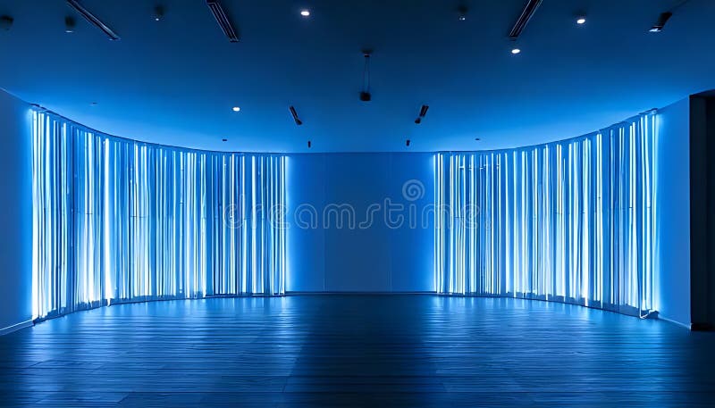 Curved Blue Walls with Luminous Vertical Lines, Reflective Floor and ...