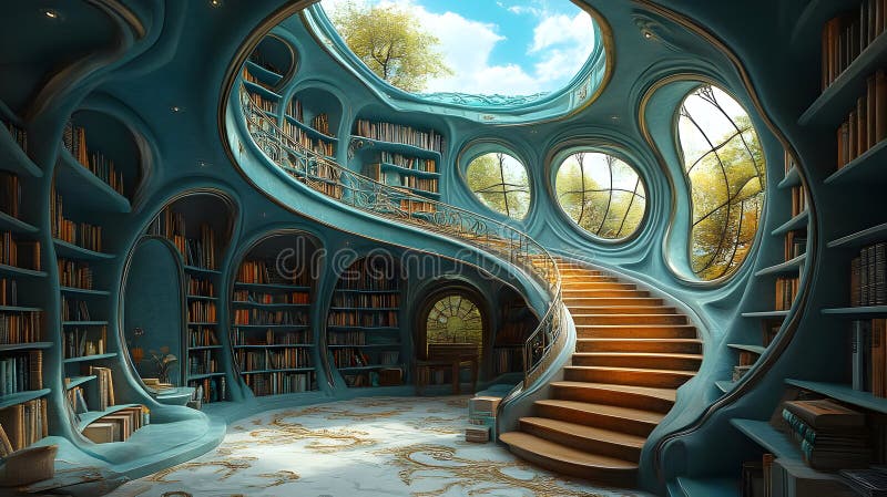 Curved Bookshelves and Staircase in a Dreamy Library - 3D Illustration ...