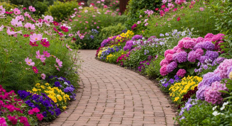 Curved Brick Path through Vibrant Flower Garden Stock Illustration ...