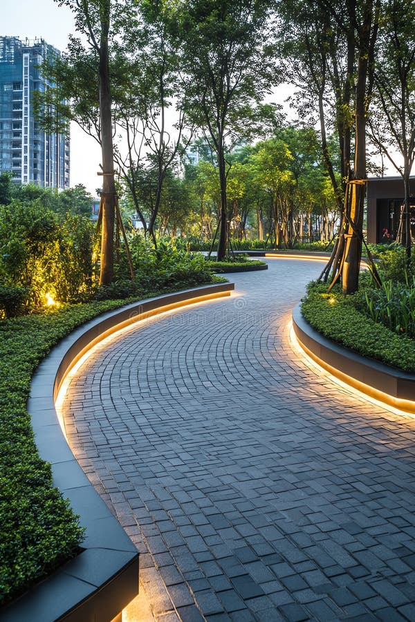 Curving Walkway with Lighting at Dusk in a Modern Urban Park Stock ...