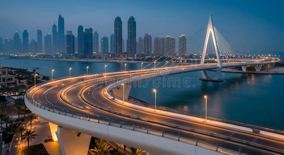 Curved Cable-stayed Bridge Illuminated at Night, Set Against a Backdrop ...