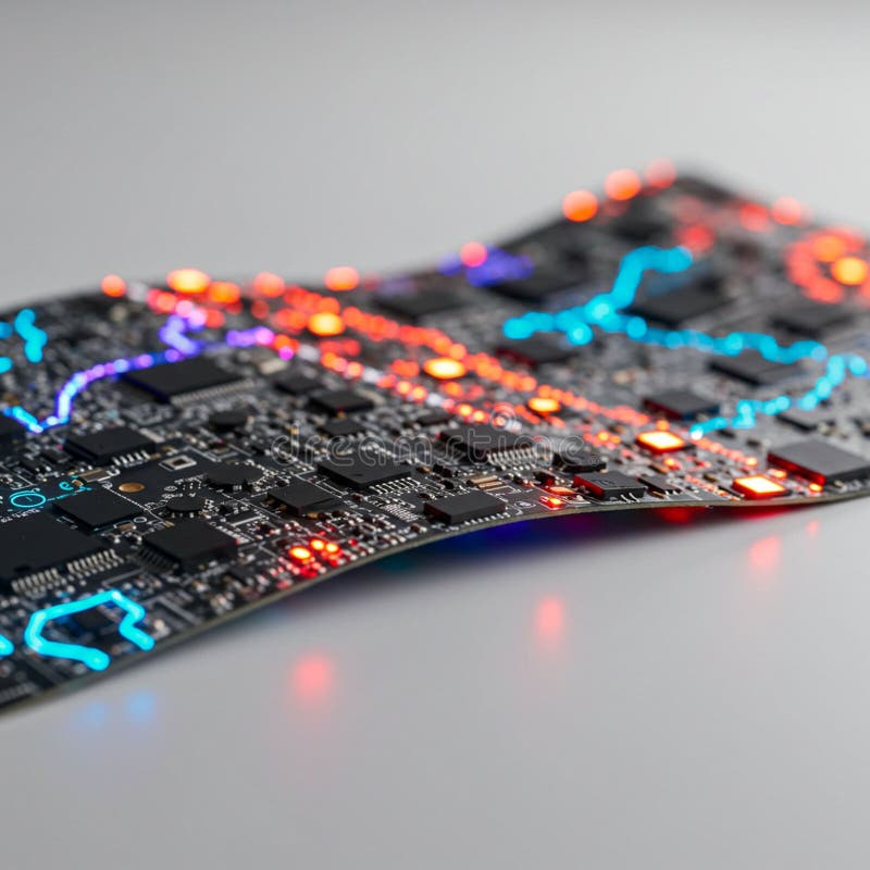 Curved Circuit Board with Glowing Red and Blue LED Lights and Numerous ...