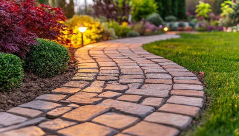 Curved Cobblestone Garden Path with Landscape Lighting at Twilight ...
