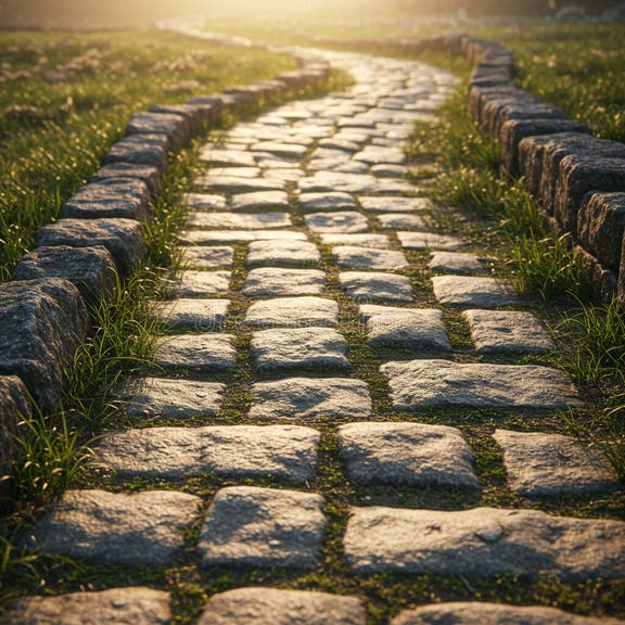 Curved Cobblestone Path Bordered by Grass and Small Rocks. Sunlight ...
