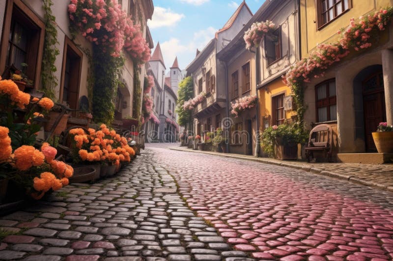 Curved Cobblestone Street Blooming Flowers Stock Photos - Free ...