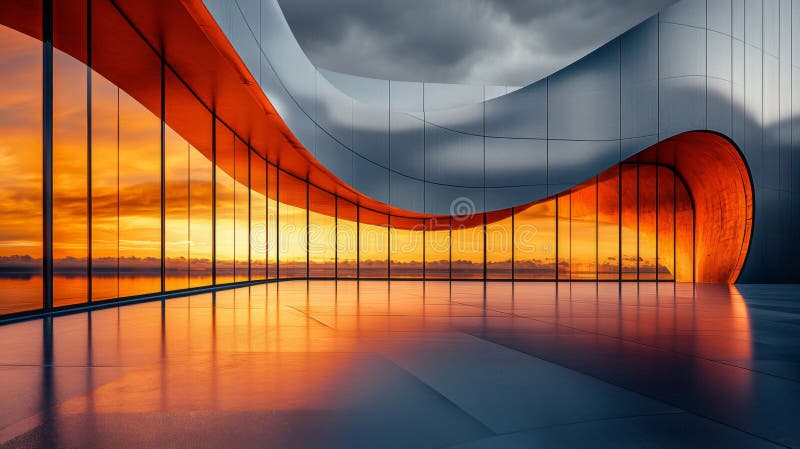 Curved Concrete Building Interior at Sunset Stock Illustration ...