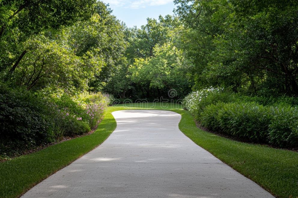 Curved Concrete Pathway through Lush Green Garden Stock Illustration ...