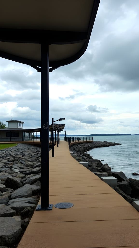 A Curved Covered Walkway Along a Rocky Waterfront Stock Illustration ...