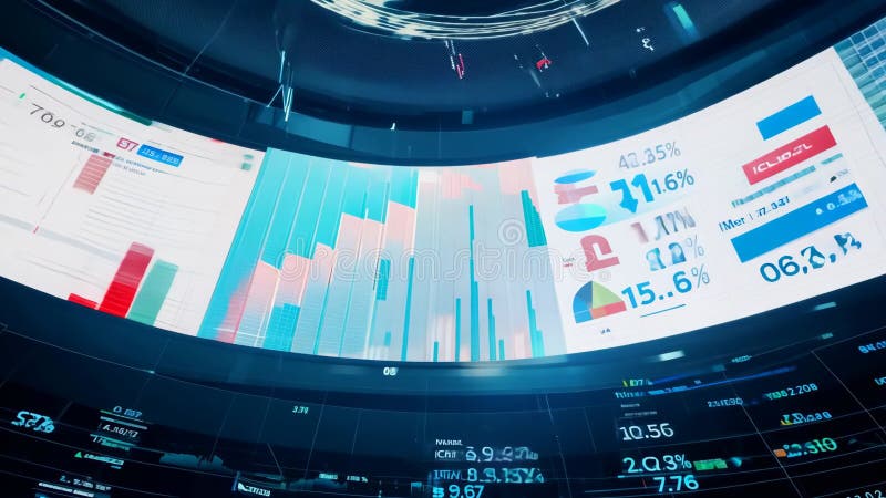 A Curved Digital Dashboard Filled with Glowing Graphs and Data Panels ...
