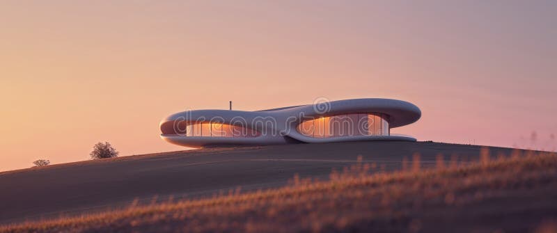 Curved Futuristic House with Warm Lighting at Sunset. Stock Image ...