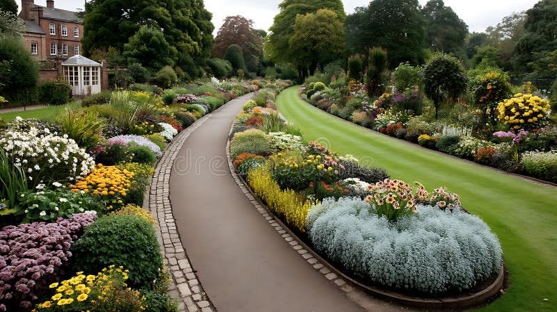 Curved Garden Path with Colorful Flowers and Lush Greenery Stock ...