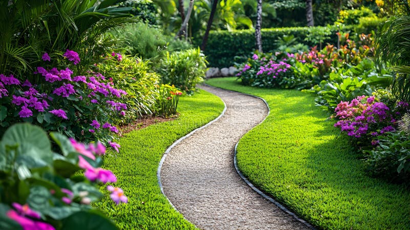 A Curved Garden Path Lined with Fragrant Flowers and Lush Stock ...