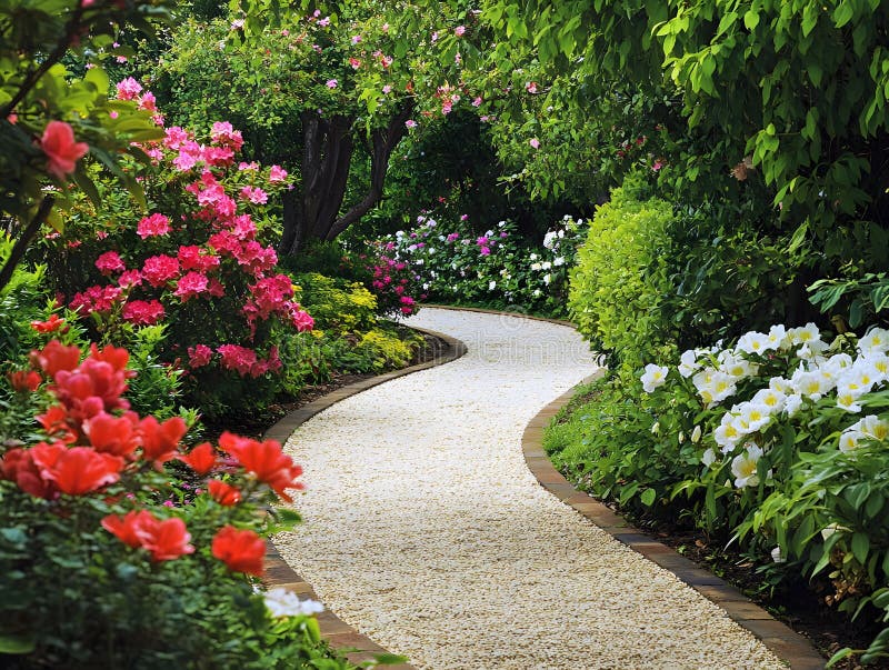 A Curved Garden Path Lined with Fragrant Flowers and Lush Stock ...