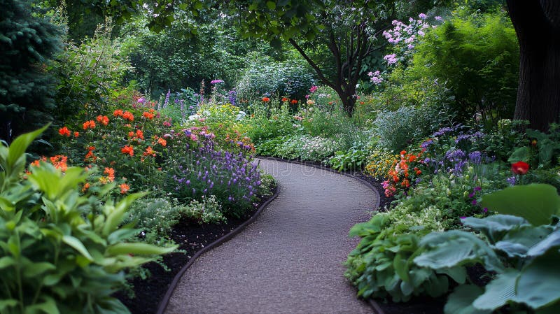 A Curved Garden Path Lined with Fragrant Flowers and Lush Stock ...