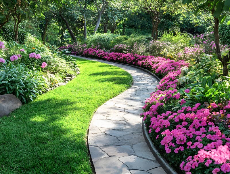 A Curved Garden Path Lined with Fragrant Flowers and Lush Stock ...