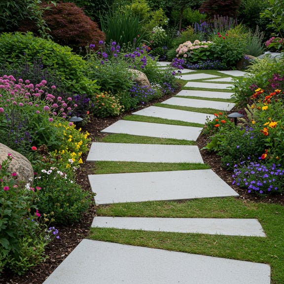Curved Garden Pathway Featuring Rectangular Stone Slabs Interspersed ...