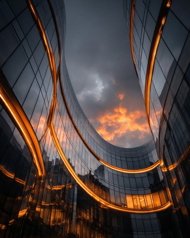 Curved Glass Building at Sunset with Orange Lights Stock Illustration ...