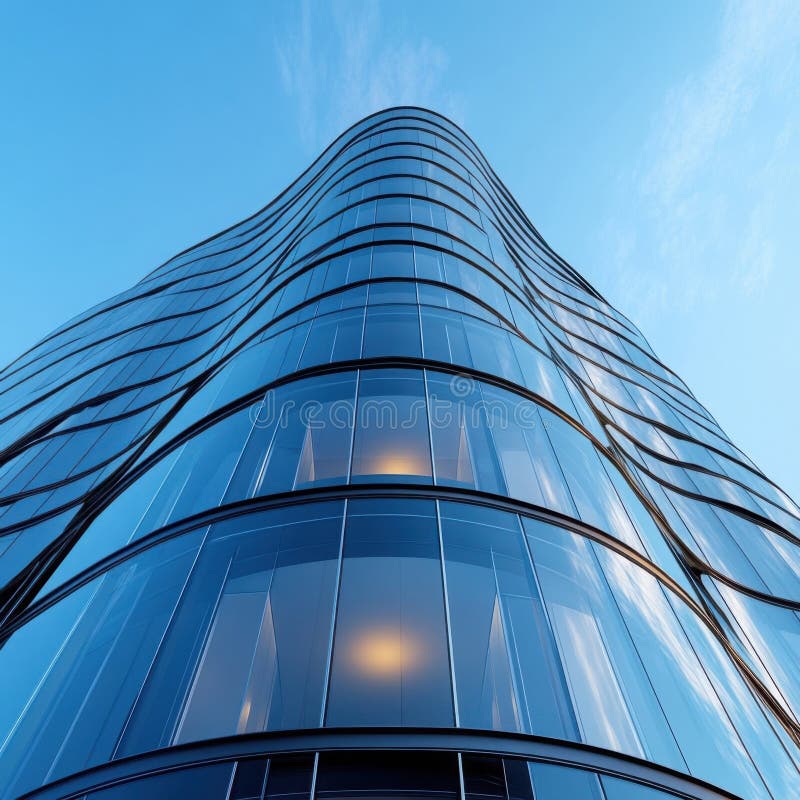 Curved Glass Skyscraper Exterior Under Blue Sky AI-generated. Stock ...