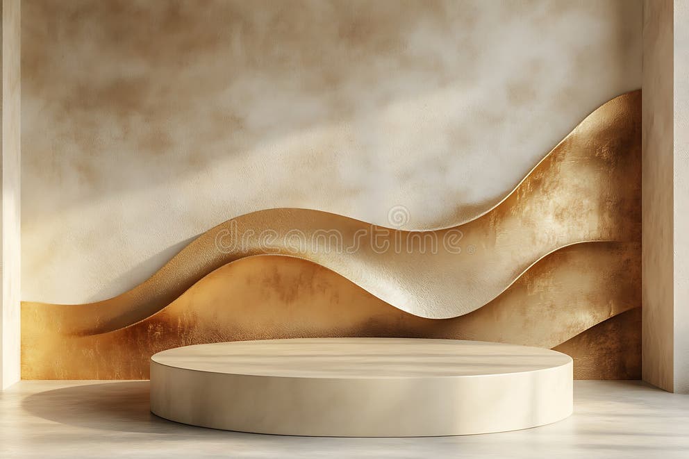 A Curved Gold Wall with a Cylindrical Display Platform Stands Present ...