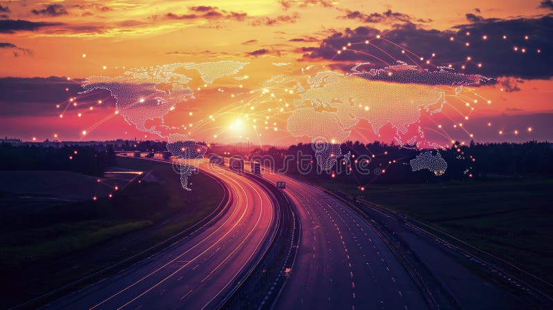 Curved Highway Beneath Digital World Map at Sunset Stock Illustration ...