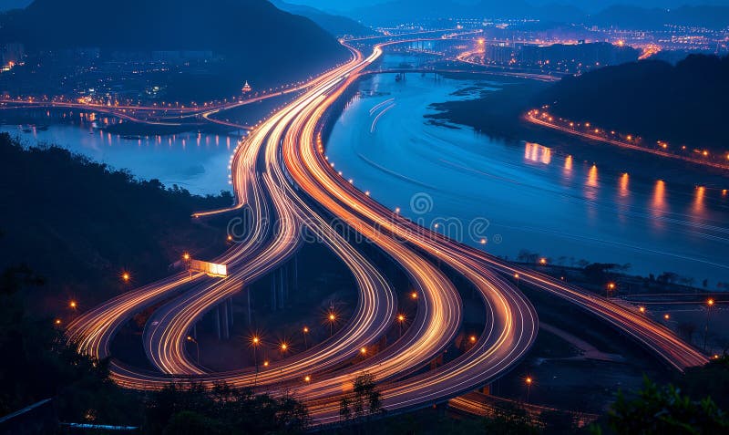 Curved Highway Interchange by River at Twilight with Dynamic Light ...