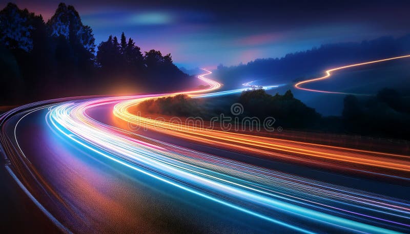 Curved Light Trails of Cars on the Road at Night, Creating a Dynamic ...