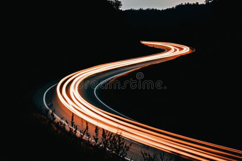 Curved Light Trails on Dark Road Highlighting Speed and Motion at Night ...