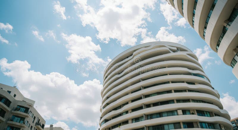 Curved Modern Architecture Against a Clear Blue Sky with Fluffy Clouds ...
