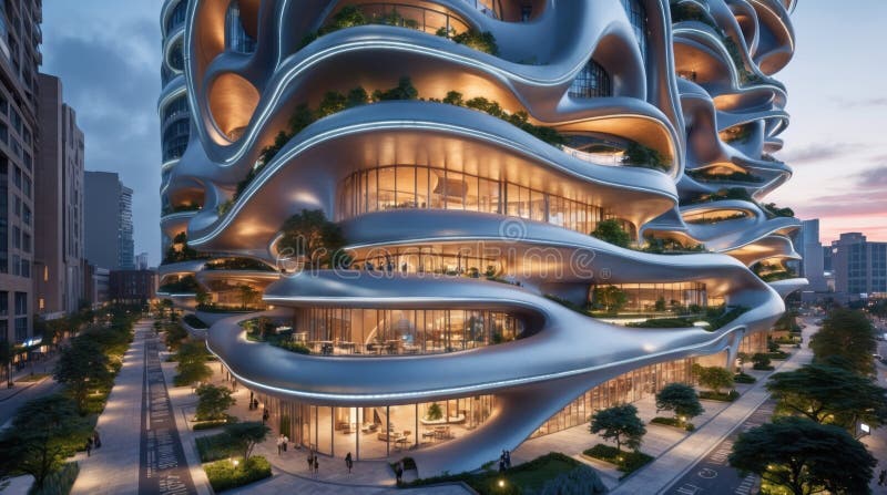 Curved Modern Building Exterior with Gardens at Dusk Stock Image ...