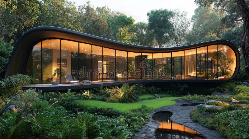 Curved Modern House in Lush Green Forest Landscape Stock Illustration ...