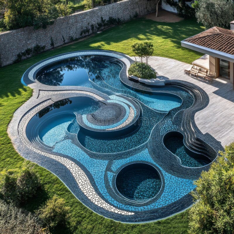 Curved Mosaic Infinity Pool in Lush Green Backyard Setting Stock Photo ...