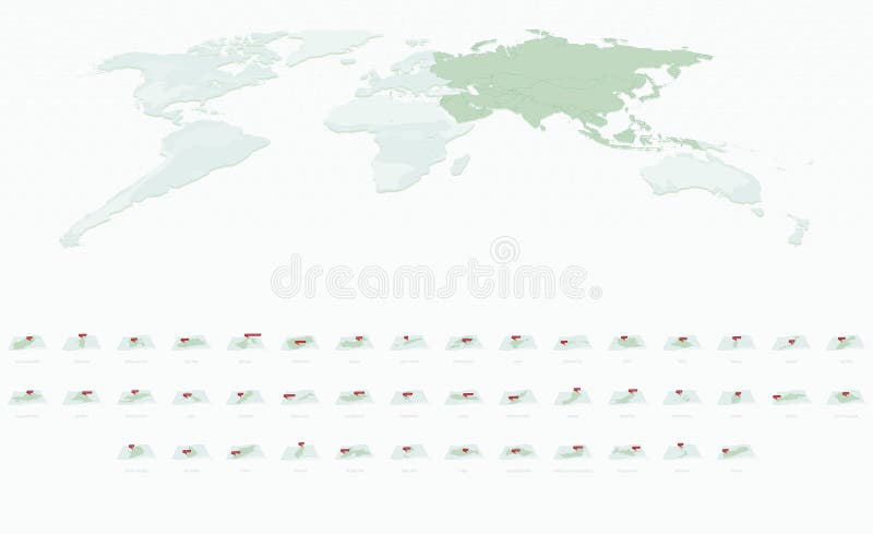 Curved Paper Style Maps of Asia with Capital Cities. Vector Collection ...