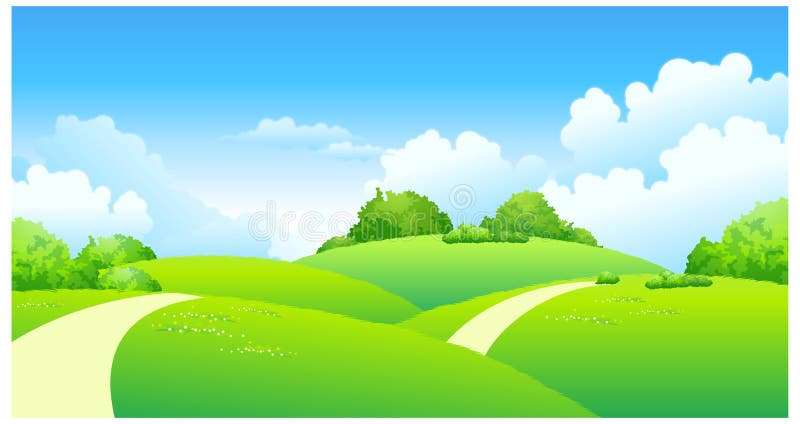 Curved path over green stock illustration. Illustration of clouds ...