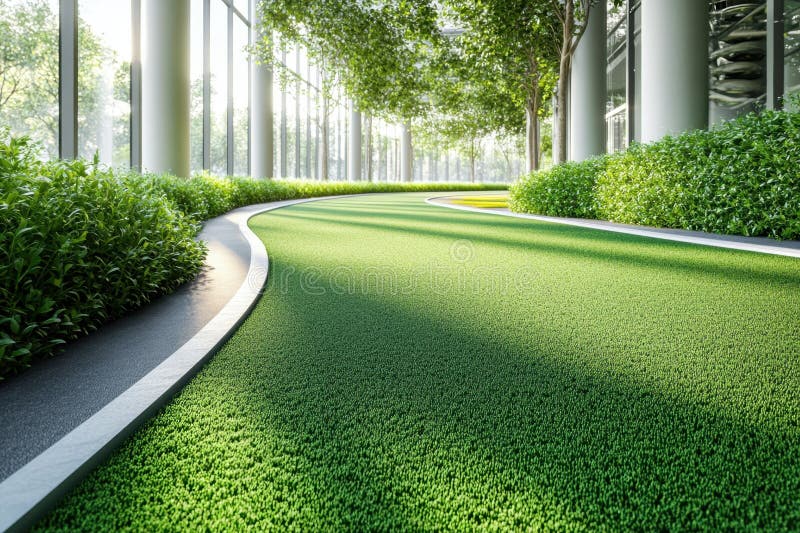 Lush Green Pathway Winding through Modern Architectural Landscape in ...